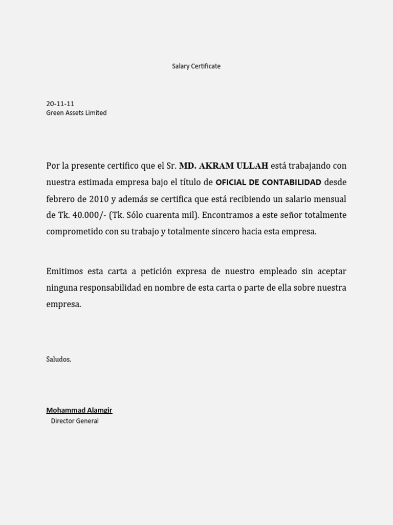 Certificado Salarial de MD. Akram Ullah | PDF