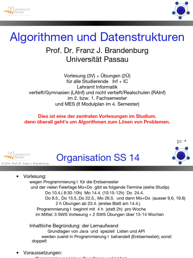 Algorithmen Und Datenstrukturen: Prof. Dr. Franz J. Brandenburg Universität Passau | PDF