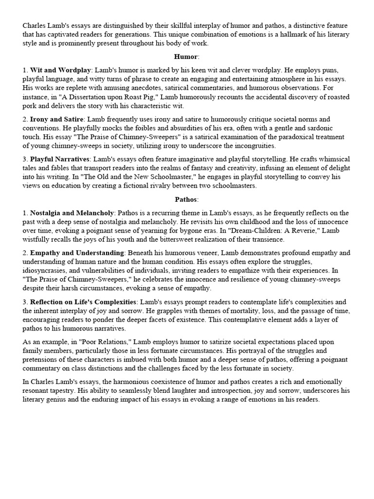 Humor and Pathos in Lamb's Essays | PDF