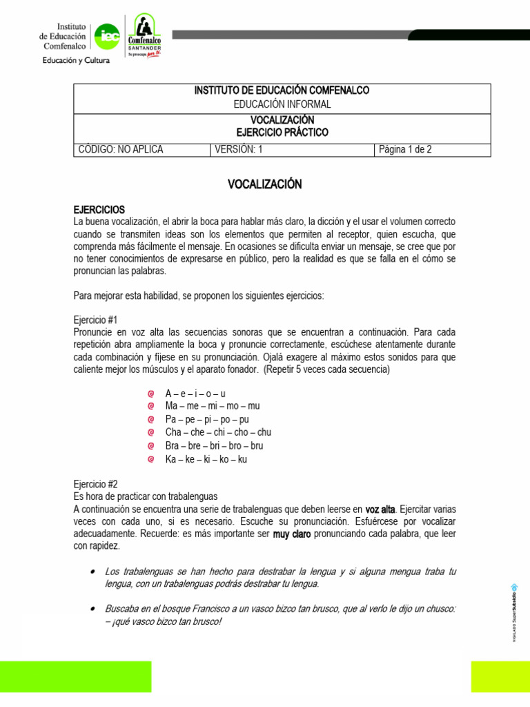 EJERCICIO PRÁCTICO VOCALIZACIÓN (1) | PDF | Idiomas | Estudios de idiomas extranjeros
