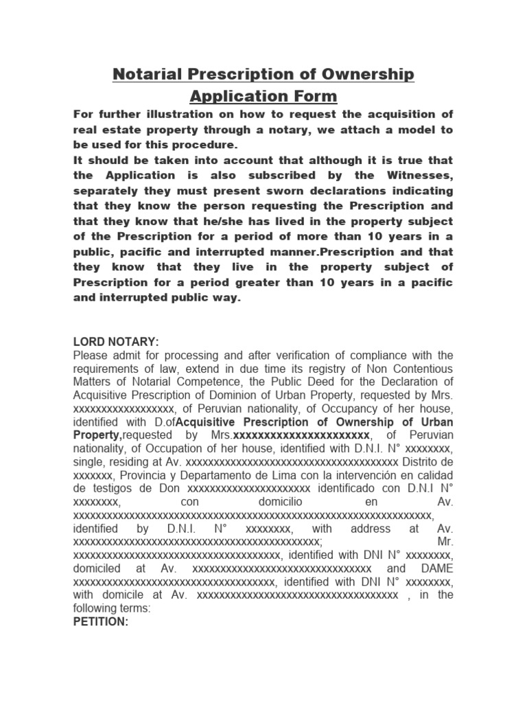Notarial Domain Acquisitive Prescription Request Form | PDF | Notary Public | Ownership