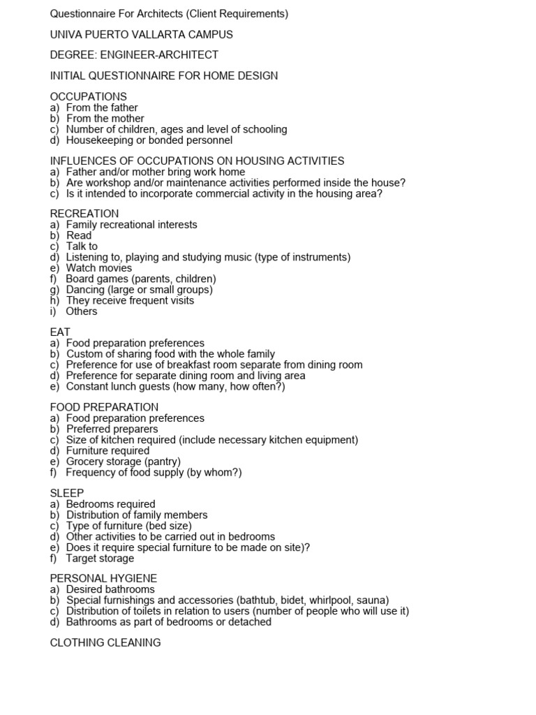 Architect Questionnaire for Home Design | PDF | Home & Garden
