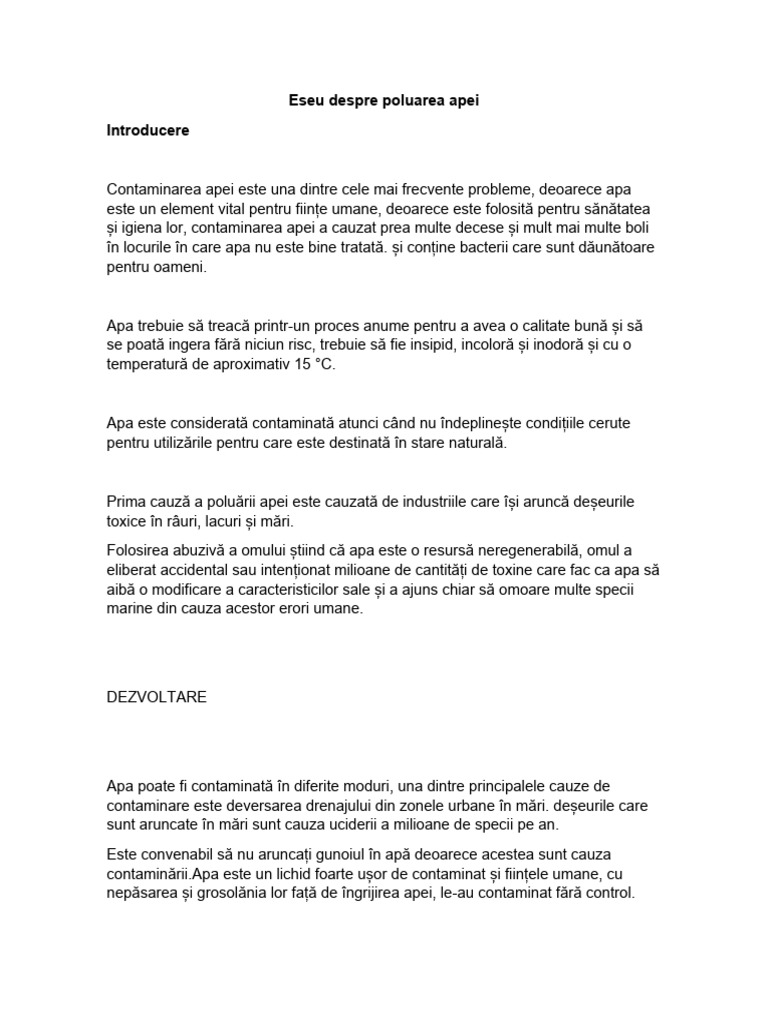 Eseu Despre Poluarea Apei | PDF