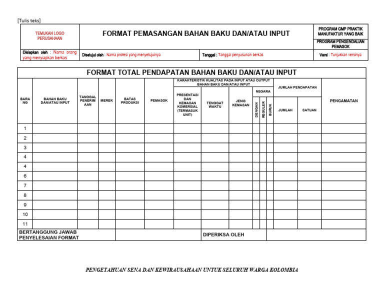 Lampiran 3. Formulir Pemasukan Bahan Baku | PDF