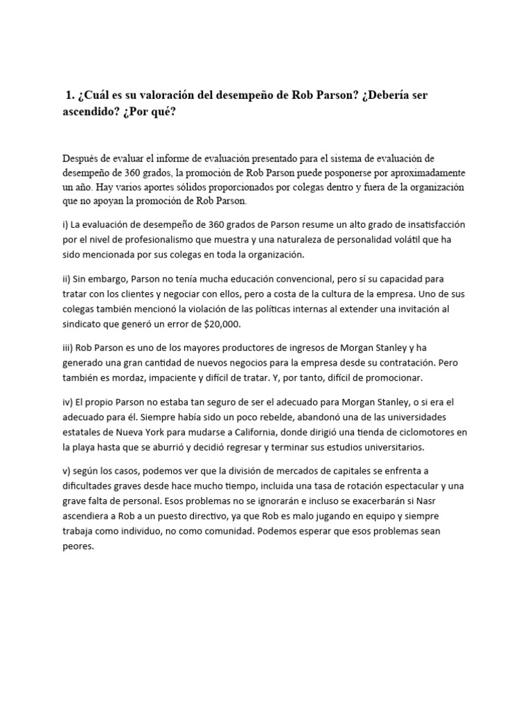 Respuestas A Las Preguntas Del Estudio de Caso de Rob Parson | PDF | Business | Evaluación