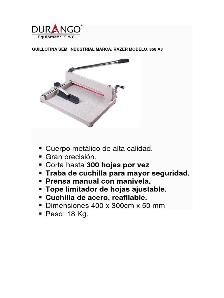 Ficha Tecnica Guillotina Semi Industrial RZ 858 A3 | PDF