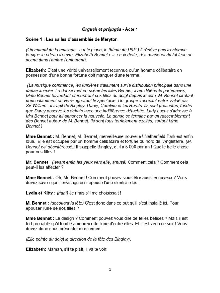 Orgueil et Préjugés : Acte 1, Scène 1 | PDF | M. Darcy | Orgueil et ...