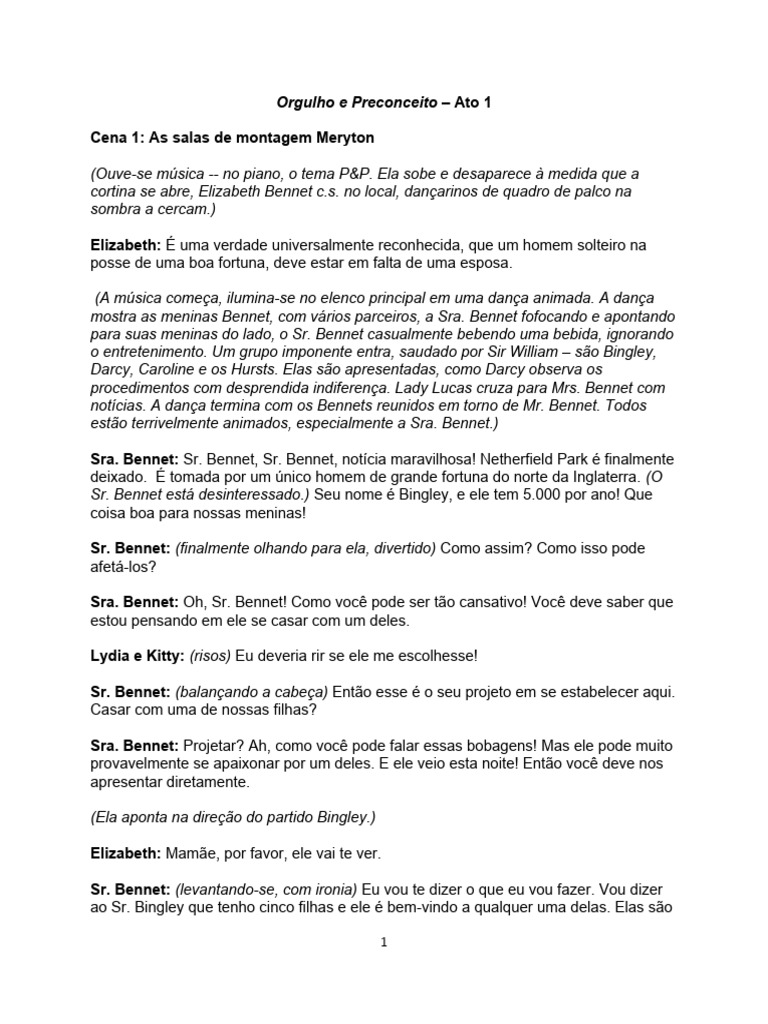 Roteiro Da Peça Orgulho e Preconceito | PDF | Orgulho e Preconceito ...