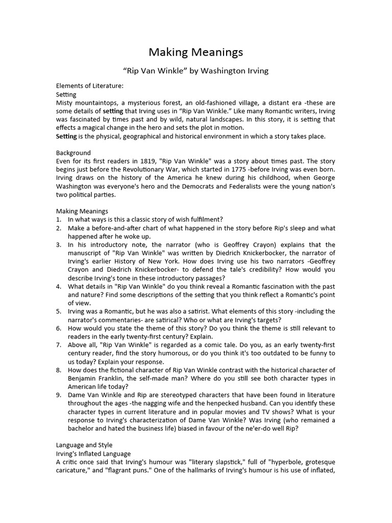 Rip Van Winkle - Making Meanings | PDF | Washington Irving | Satire
