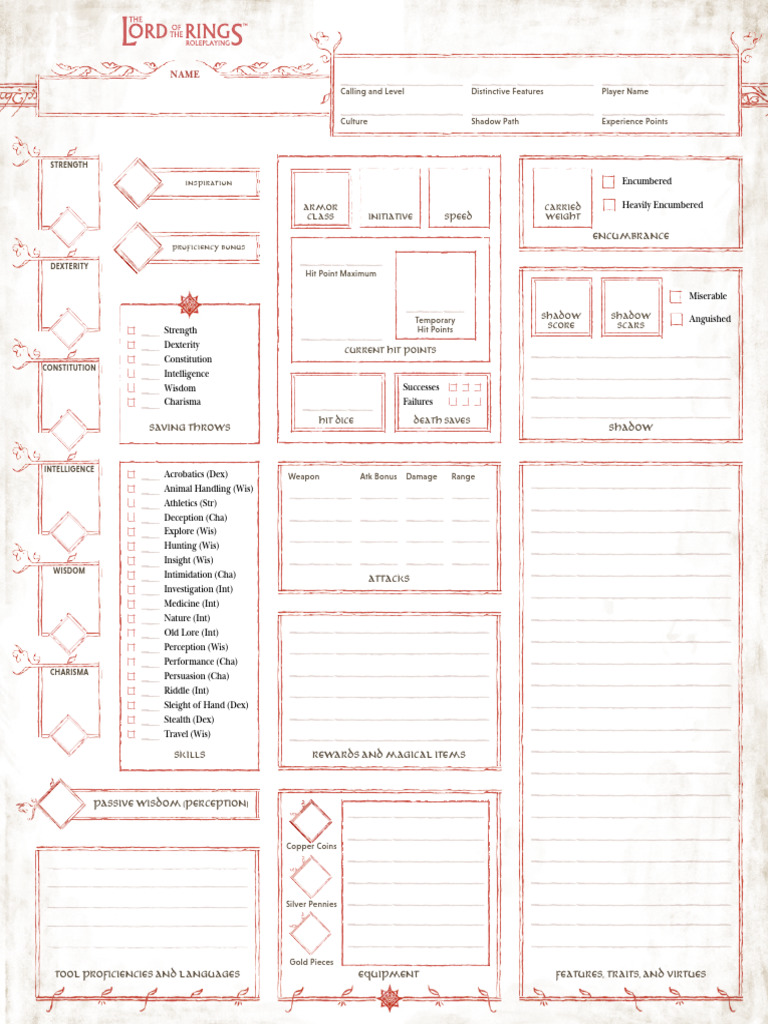 The Lord of The Rings Roleplaying Character Sheet | PDF