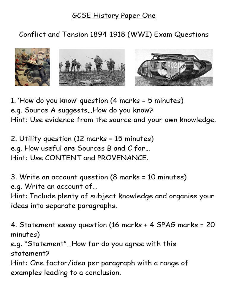 Gcse History Wwi Exam Question Booklet Pdf World War I Trench Warfare