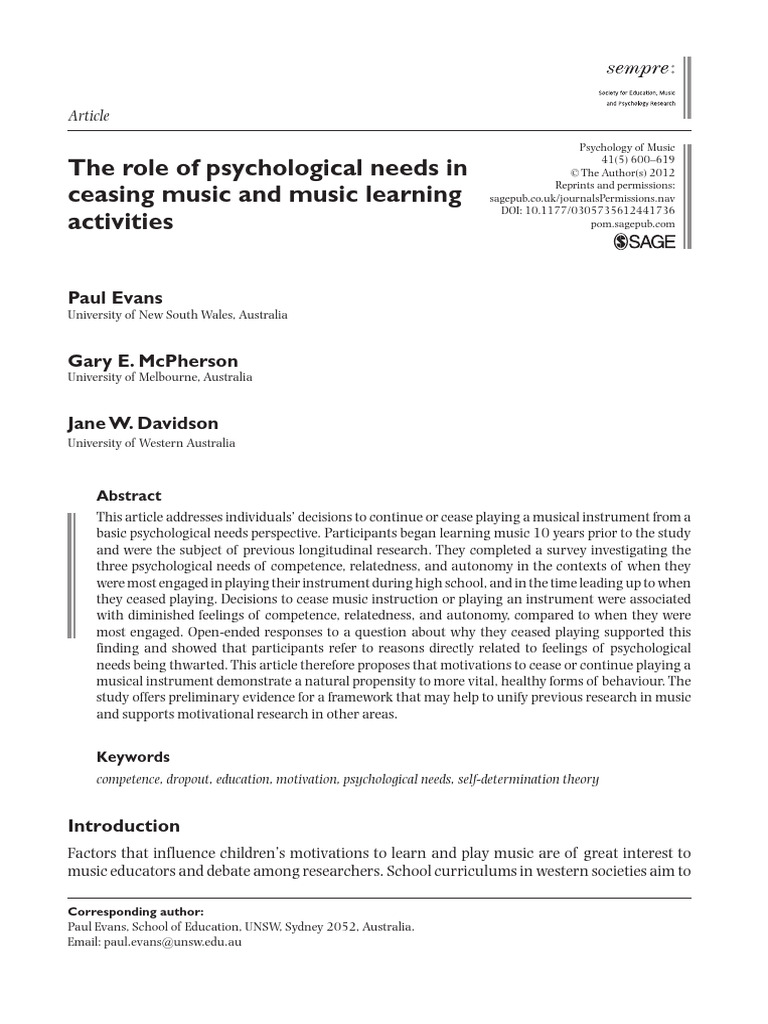 Evans - The Role of Psychological Needs in Ceasing Music and Music ...