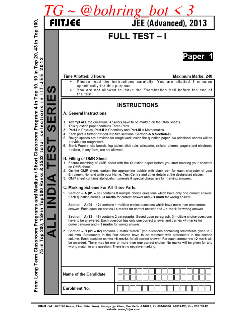Fiitjee Aits 2013 Papers | Download Free PDF | Applied And ...