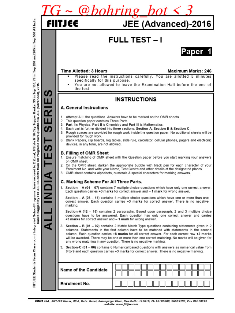 Fiitjee Aits 2016 Papers | PDF