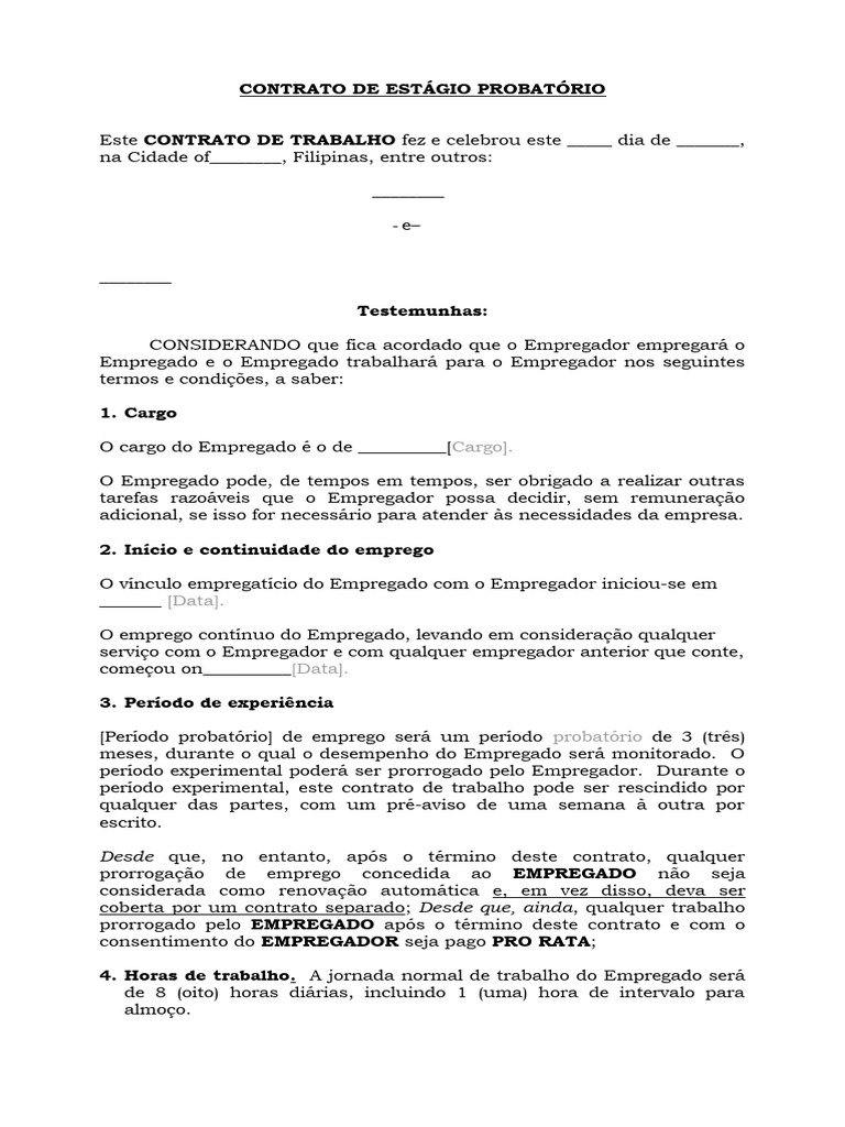 Contrato de Trabalho Probatório | PDF | Emprego | Hora extra
