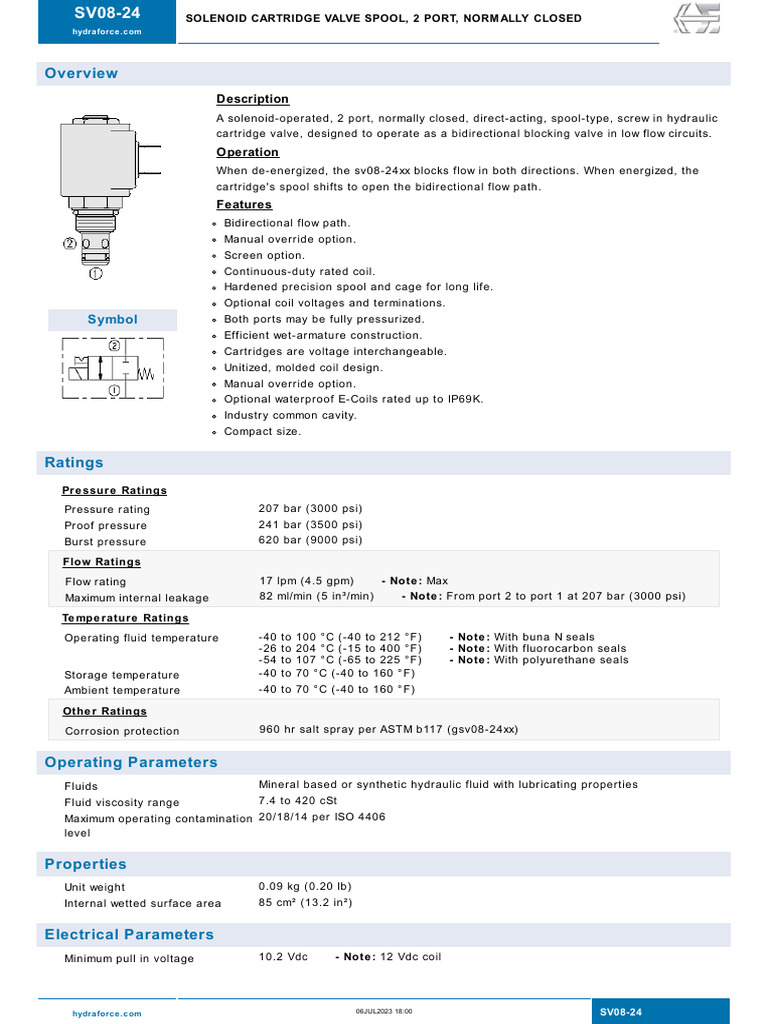 Hydraforce Valve sv08-24 - 06jul2023 - 18-00 | PDF | Valve | Electrical Engineering
