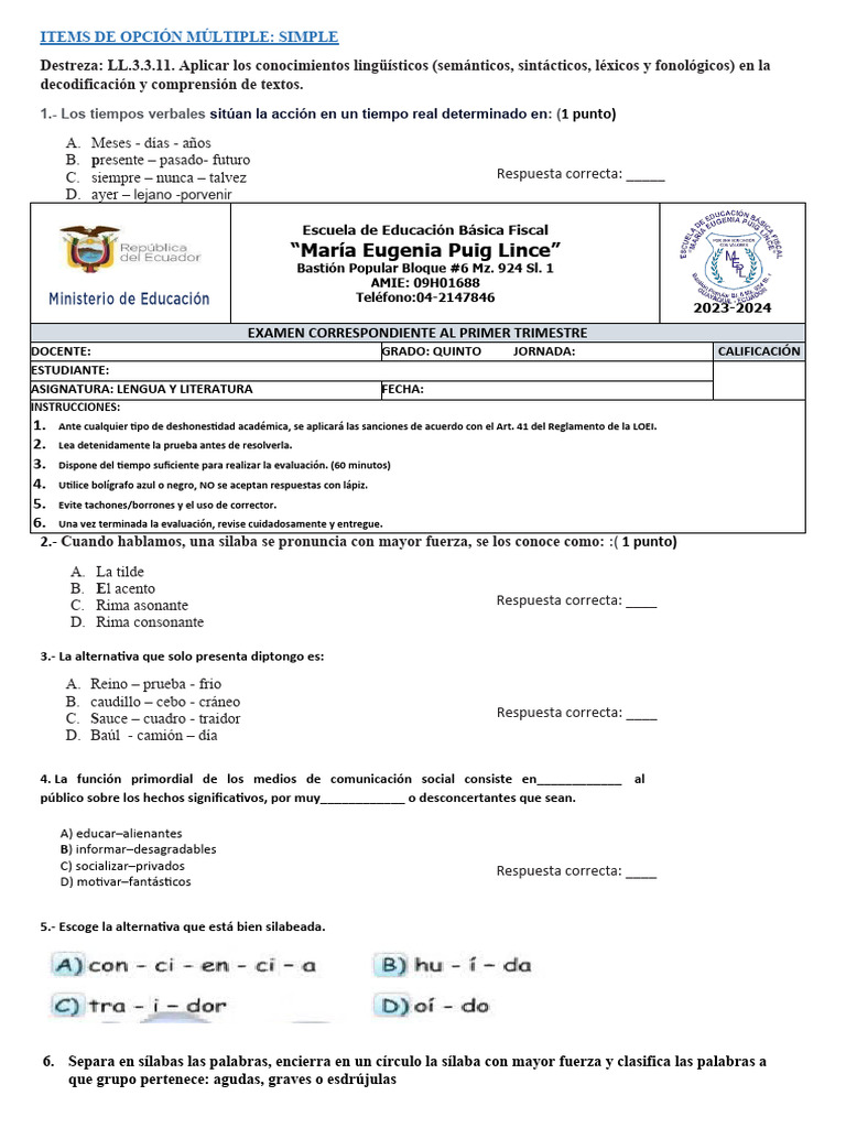 Preguntas de Examenes Quinto Grado Primer Trimestre | PDF