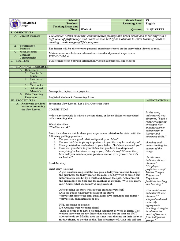1st Eng 6 Q1 Make Connections Between Information Viewed and Personal ...