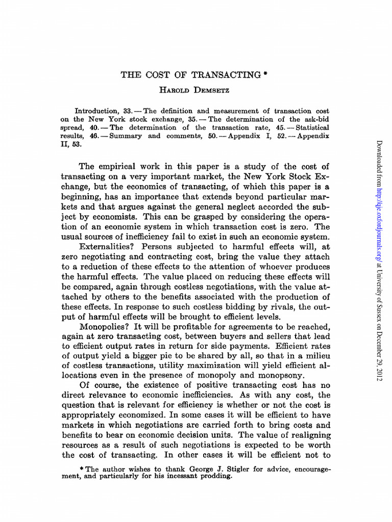 The Cost of Transactionion Harold Demsetz | Download Free PDF | Order ...
