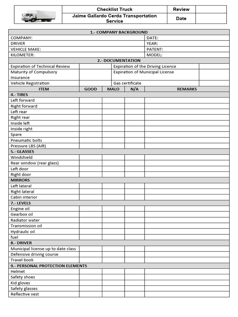 Truck Check List | PDF | Truck | Vehicles