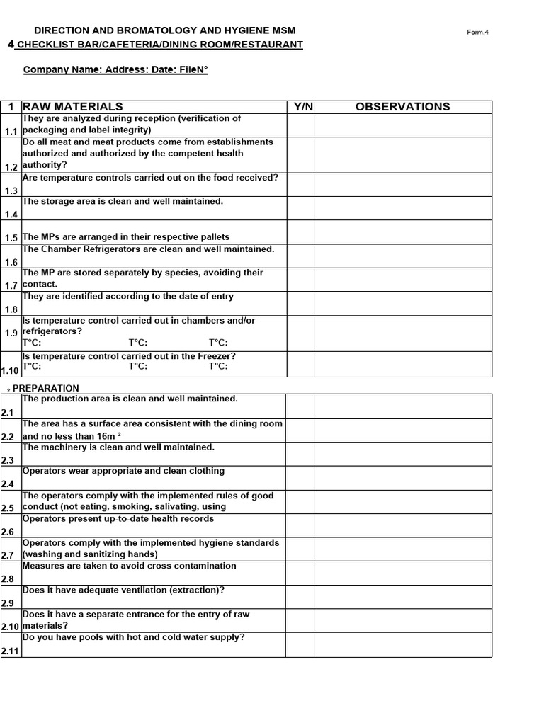 Restaurant Checklist | PDF | Refrigerator | Hygiene