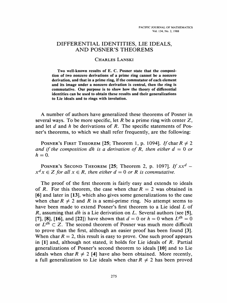 Differential Identities, Lie Ideals, and Posner'S Theorems: Charles Lanski | PDF | Teaching ...