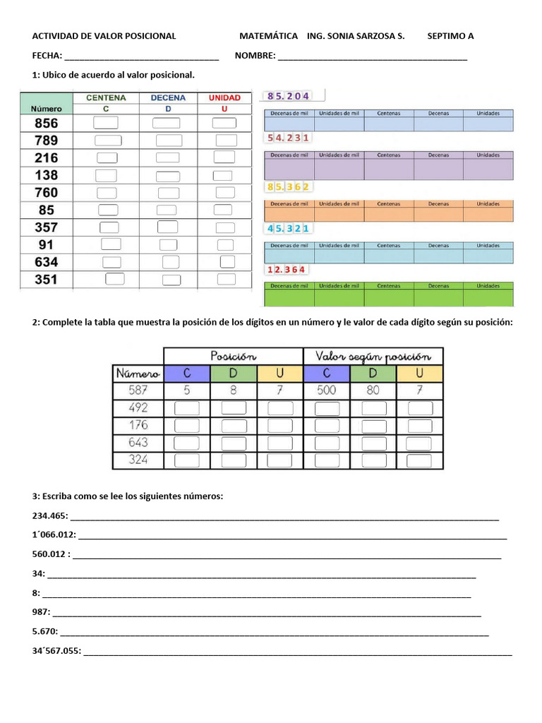 Actividad de Valor Posicional 7º Grado | PDF