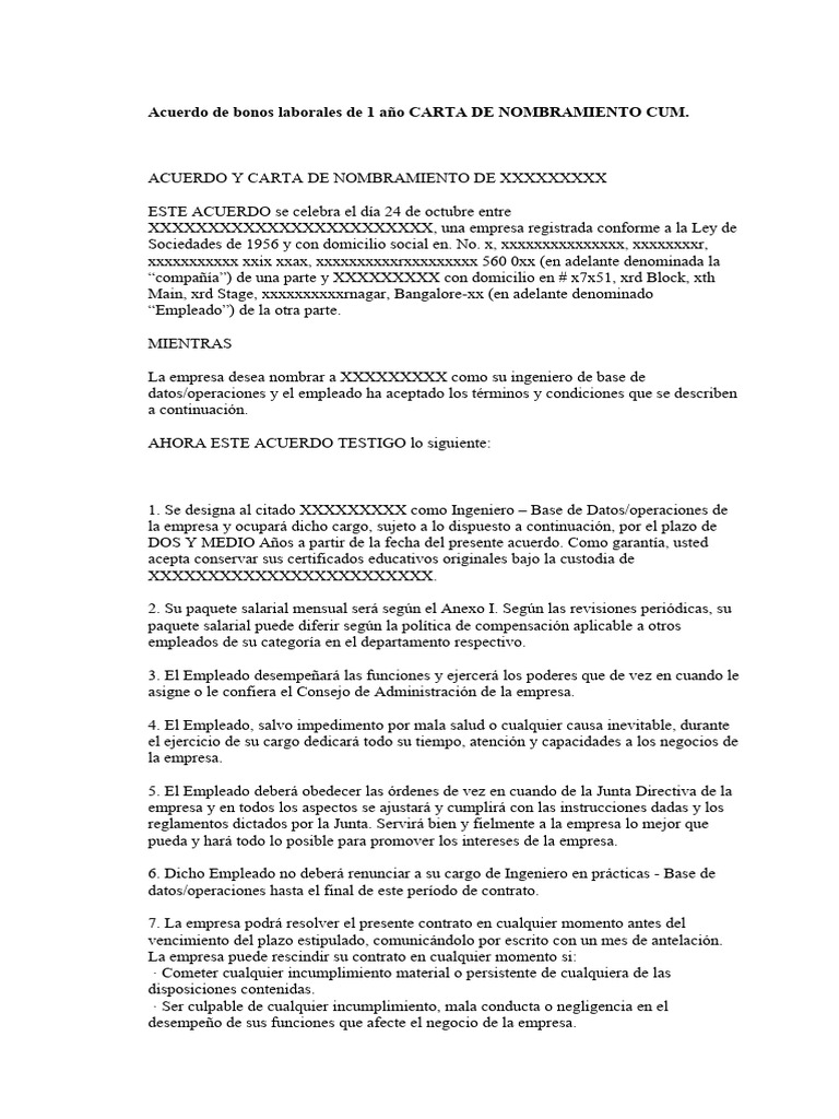 Acuerdo de Bonos Laborales de 1 Año y Carta de Nombramiento | PDF | Business
