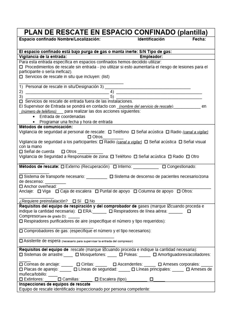 Plantilla de Plan de Rescate en Espacios Confinados | PDF