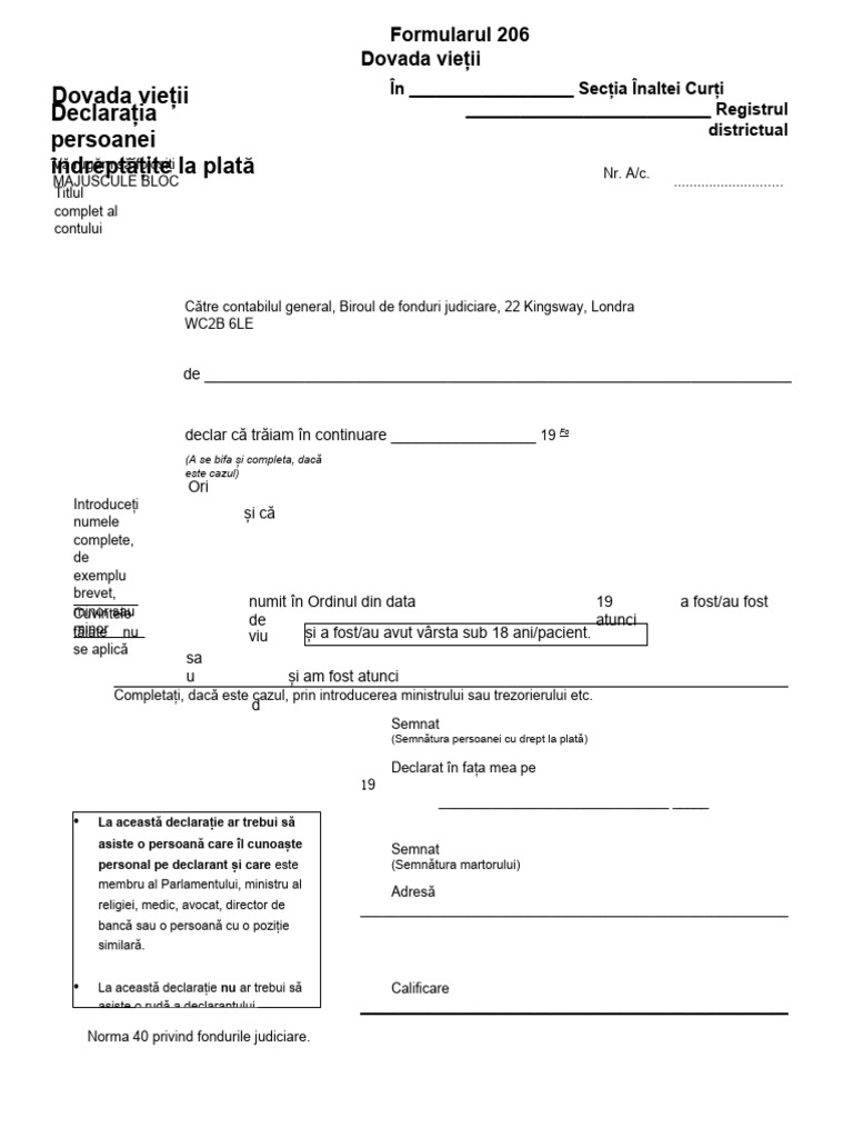Formularul 206 Dovada Vieții | PDF