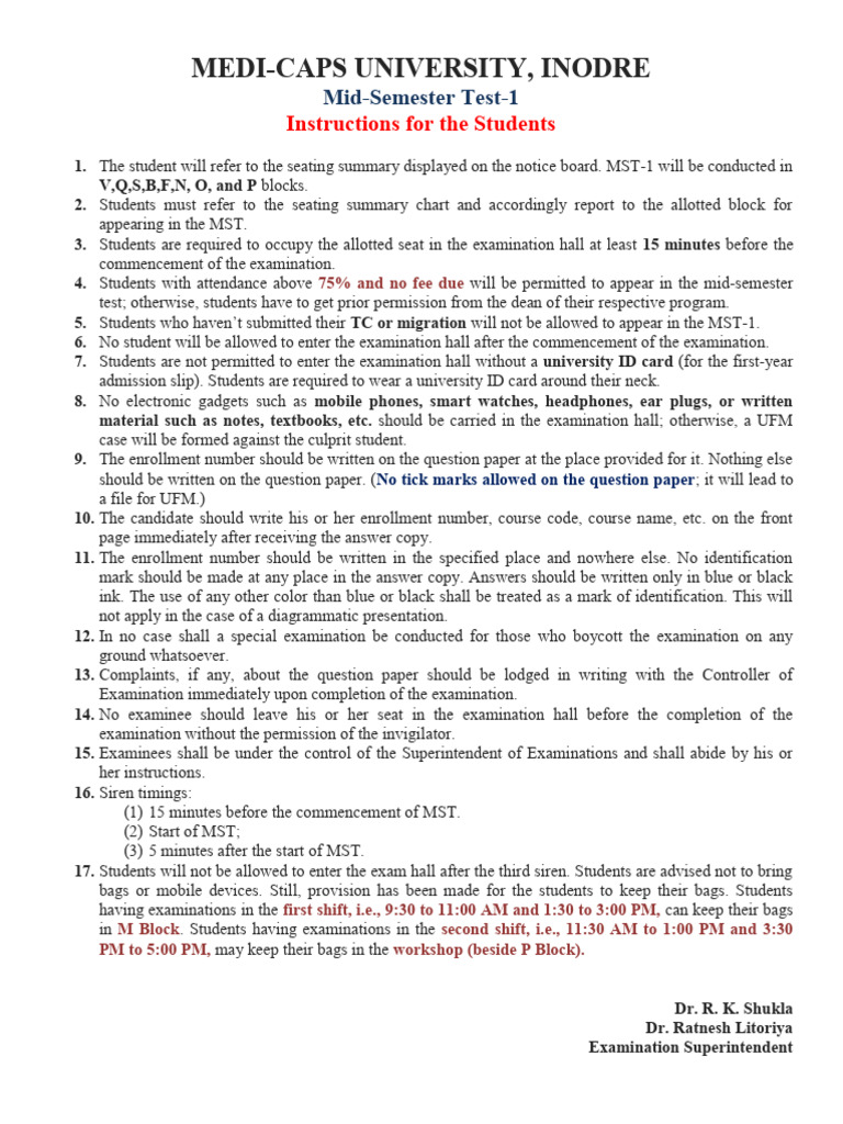 MST-1 Instructions To Students | PDF