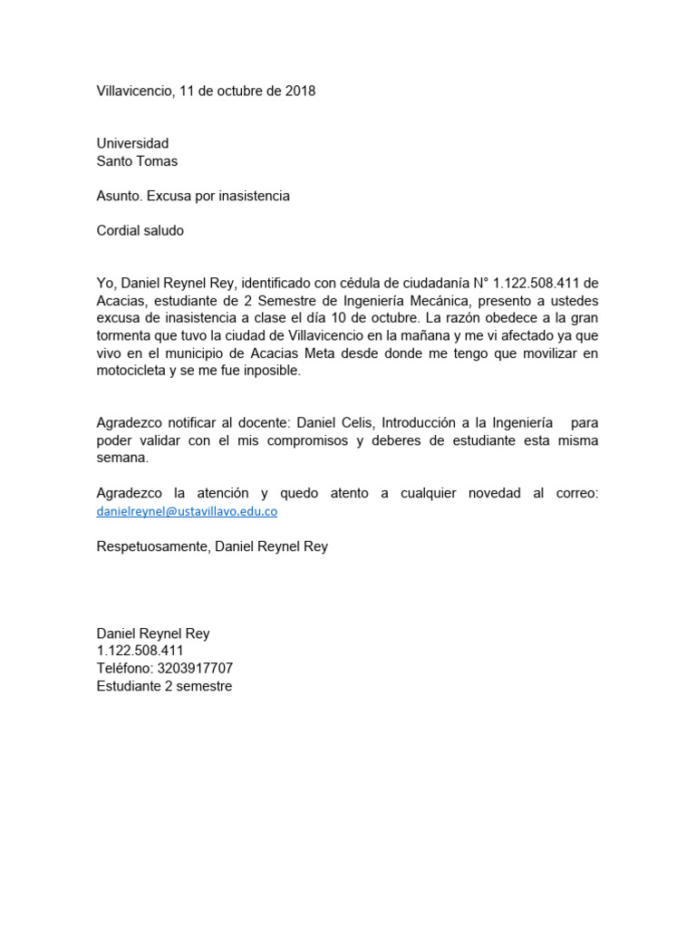 Excusa por inasistencia escolar | PDF