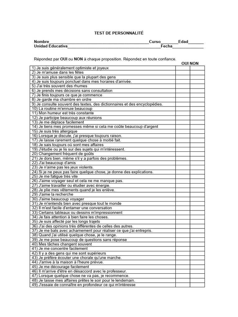 Test de Personnalité | PDF