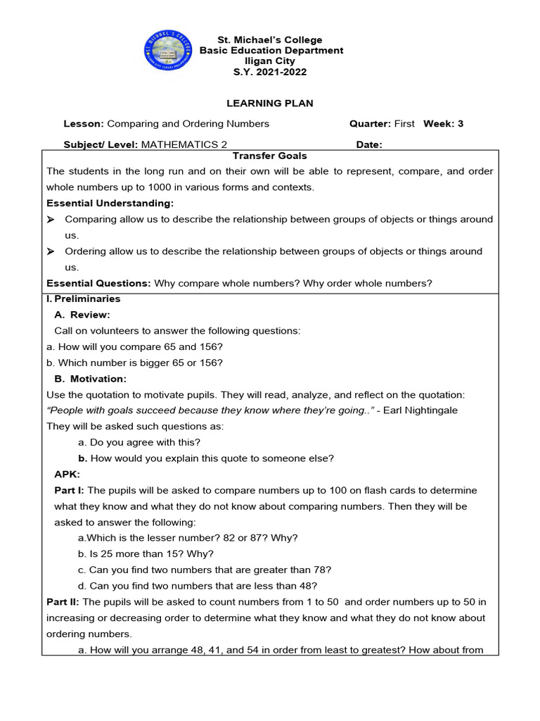Math 2 - Comparing and Ordering Numbers | PDF | Cognitive Science | Learning
