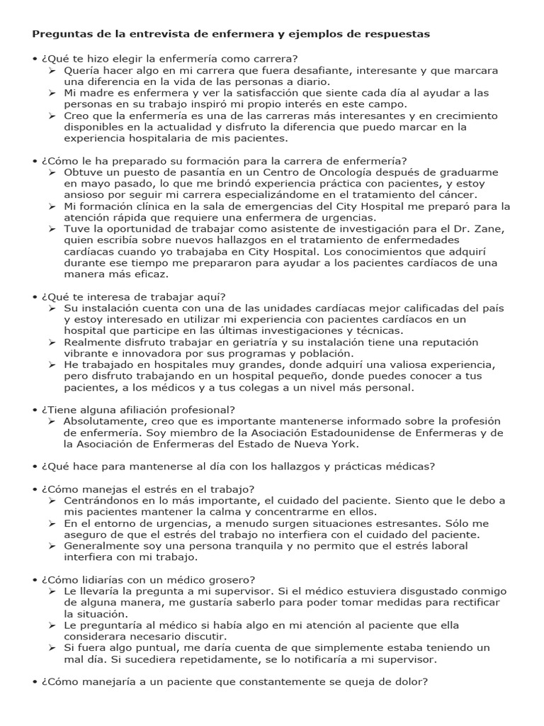 Preguntas de La Entrevista de Enfermera y Ejemplos de Respuestas | PDF | Enfermería | Hospital