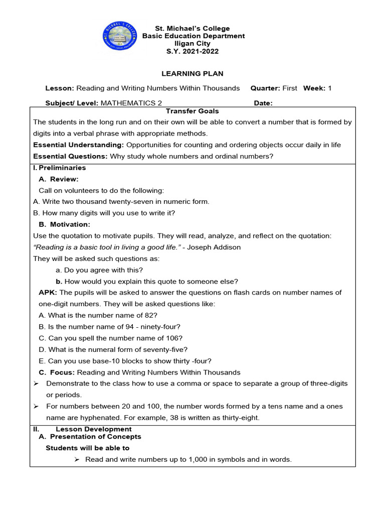 Math 2 - Reading and Writing Numbers | PDF | Cognition | Learning