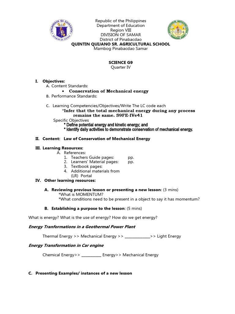 Conservation of Mechanical Energy Lesson Plan | PDF | Potential Energy | Kinetic Energy