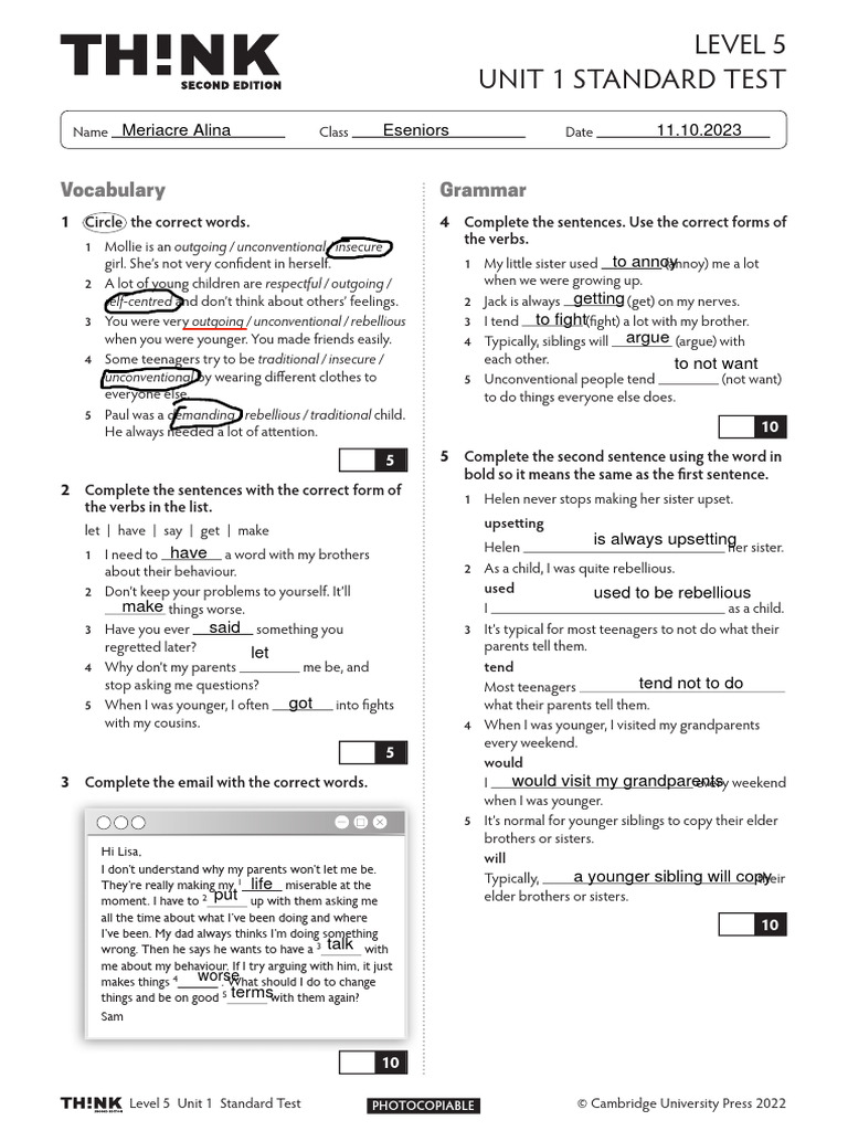 Alina Meriacre - Think 5 - Unit - Test - Standard - 1 | PDF