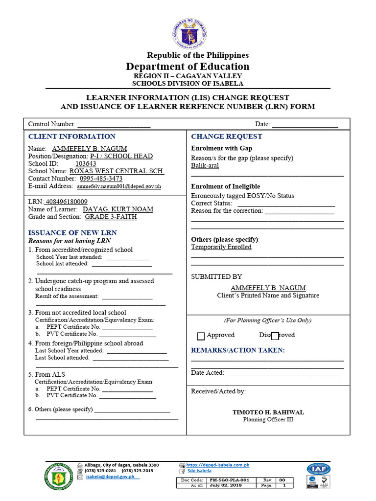 FM SGO PLA 001 LIS Change Request and Issuance of LRN Form 1 | PDF
