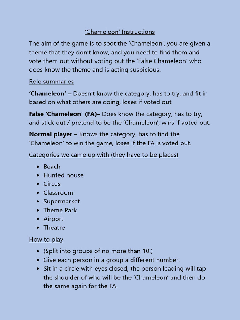 Chameleon Game Instructions and Rules | PDF | Sports & Recreation ...