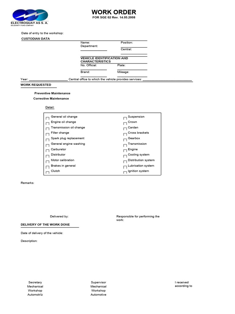 Vehicle Maintenance Work Order Template | PDF
