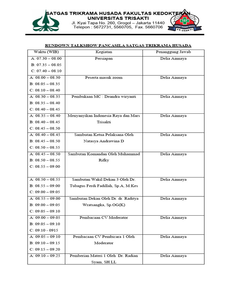 RUNDOWN TALKSHOW PANCASILA SATGAS TRIKRAMA HUSADA | PDF