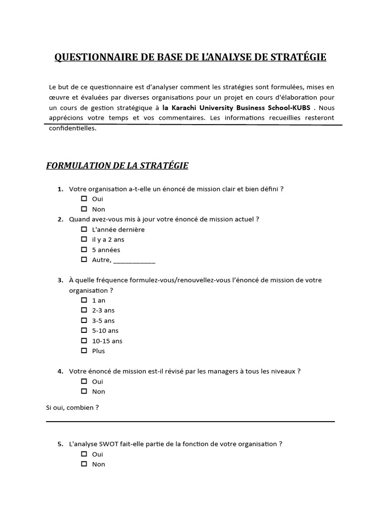 Questionnaire de Gestion Stratégique | PDF | Affaires | Développement personnel