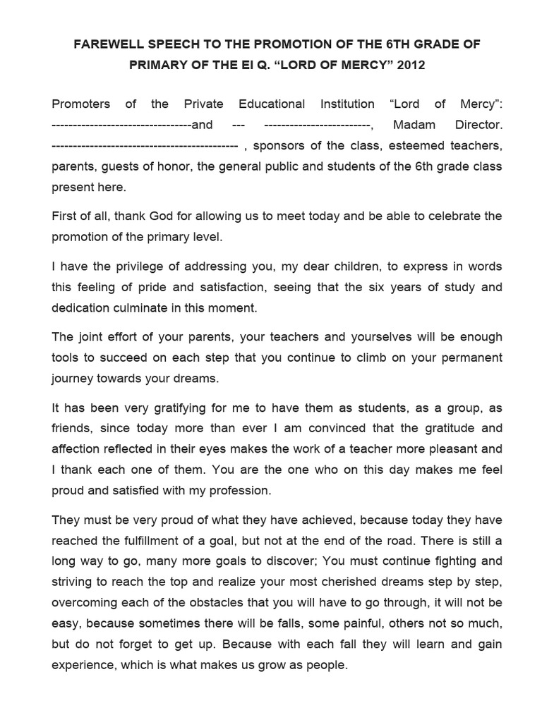 Farewell Speech To The Promotion of The 6TH Grade of Primary of The I | PDF