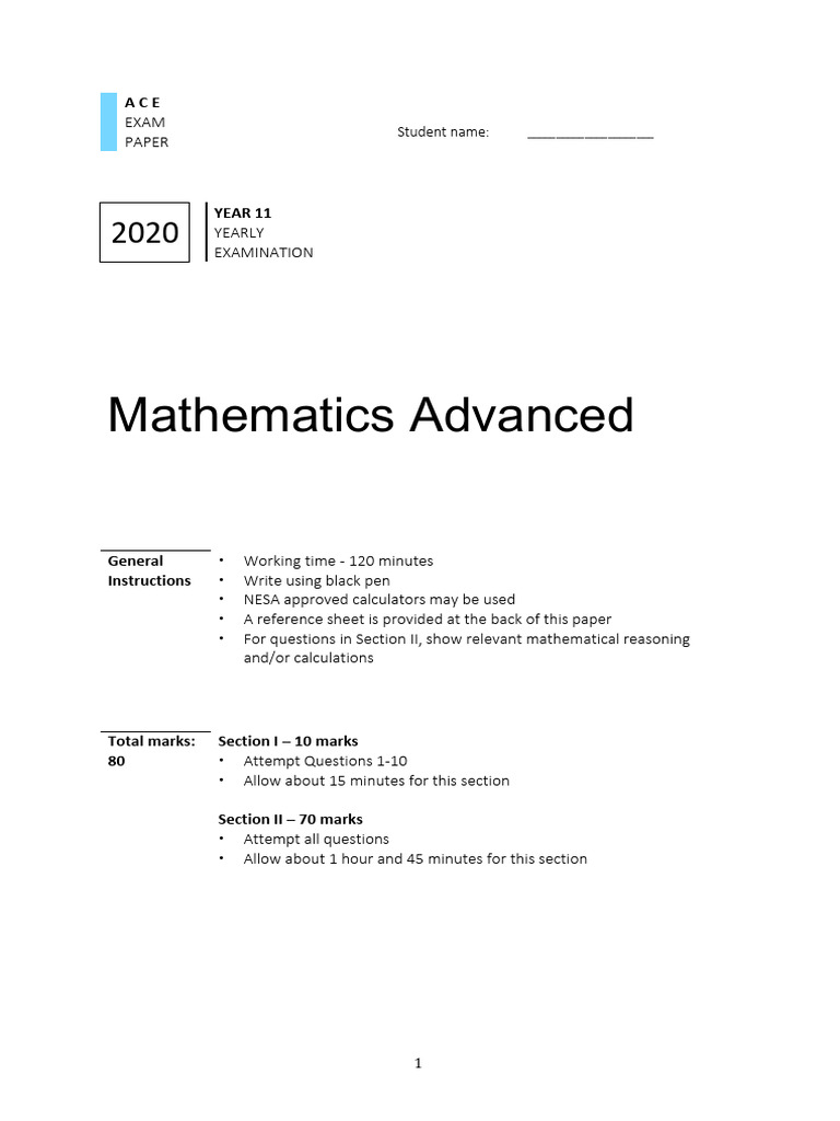 2020 ACE Adv Yearly | PDF | Equations | Tangent