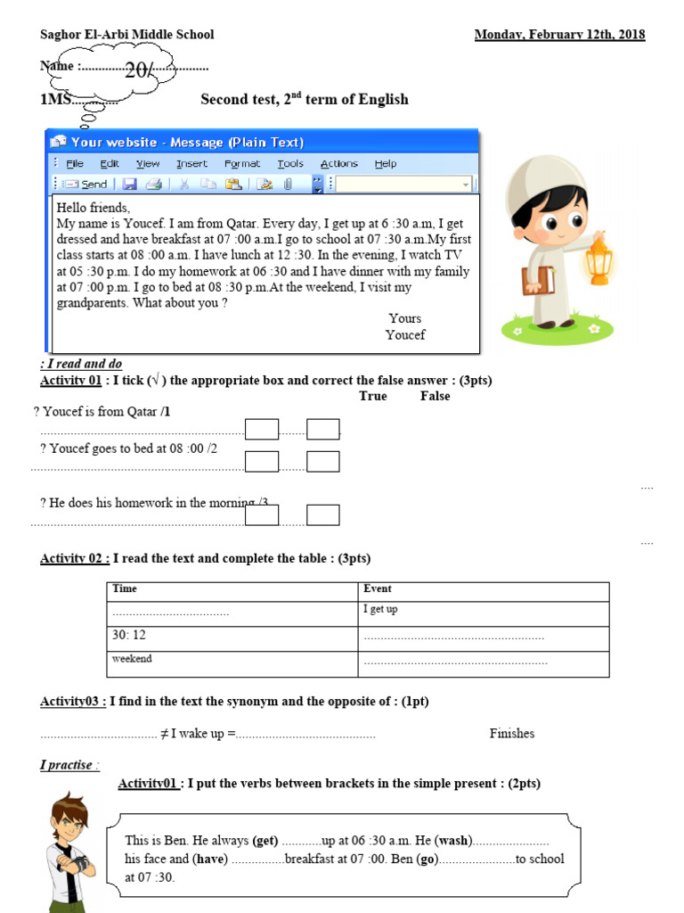 1ms - Test 2 Term 2 - by Teacher Nour Elyakine 2018 | PDF | Linguistics ...