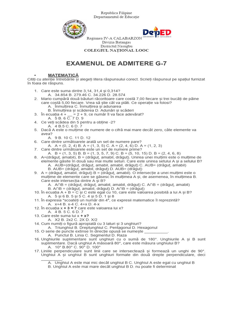 Examen de Admitere g7 | PDF