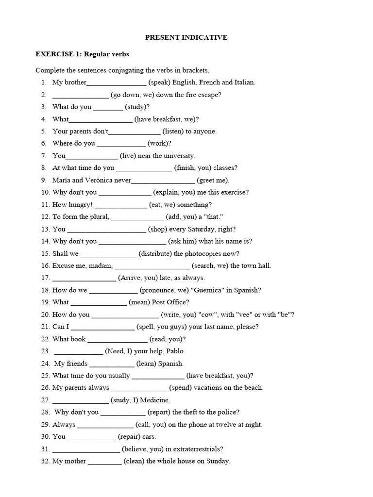 Present Indicative Verb Exercises | PDF | Spanish Language | Ellipsis