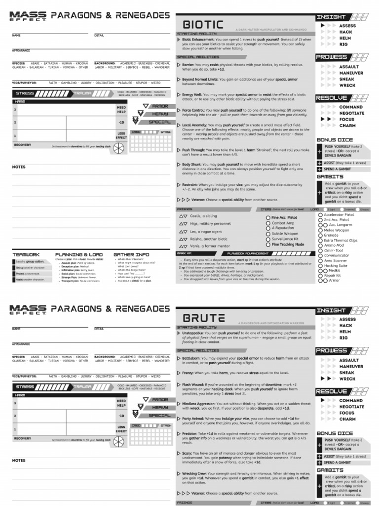 Mass Effect Playbook Sheets | PDF