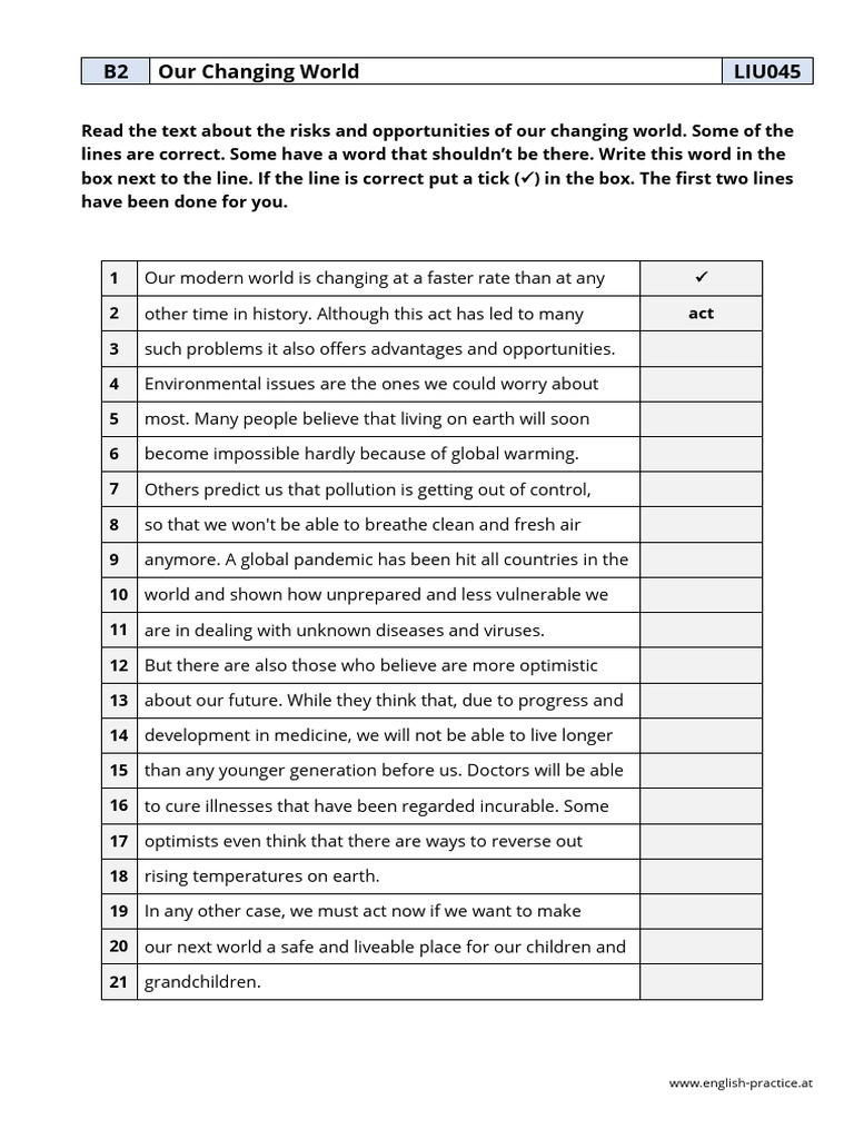 Our Changing World - PDF Vocabulary Exercise - B1 - LIU045 | PDF